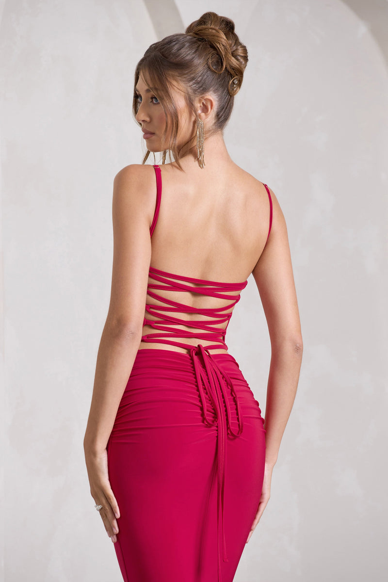 Alora Red Strappy Lace-Up Maxi Dress With Flower Corsage – Club L ...