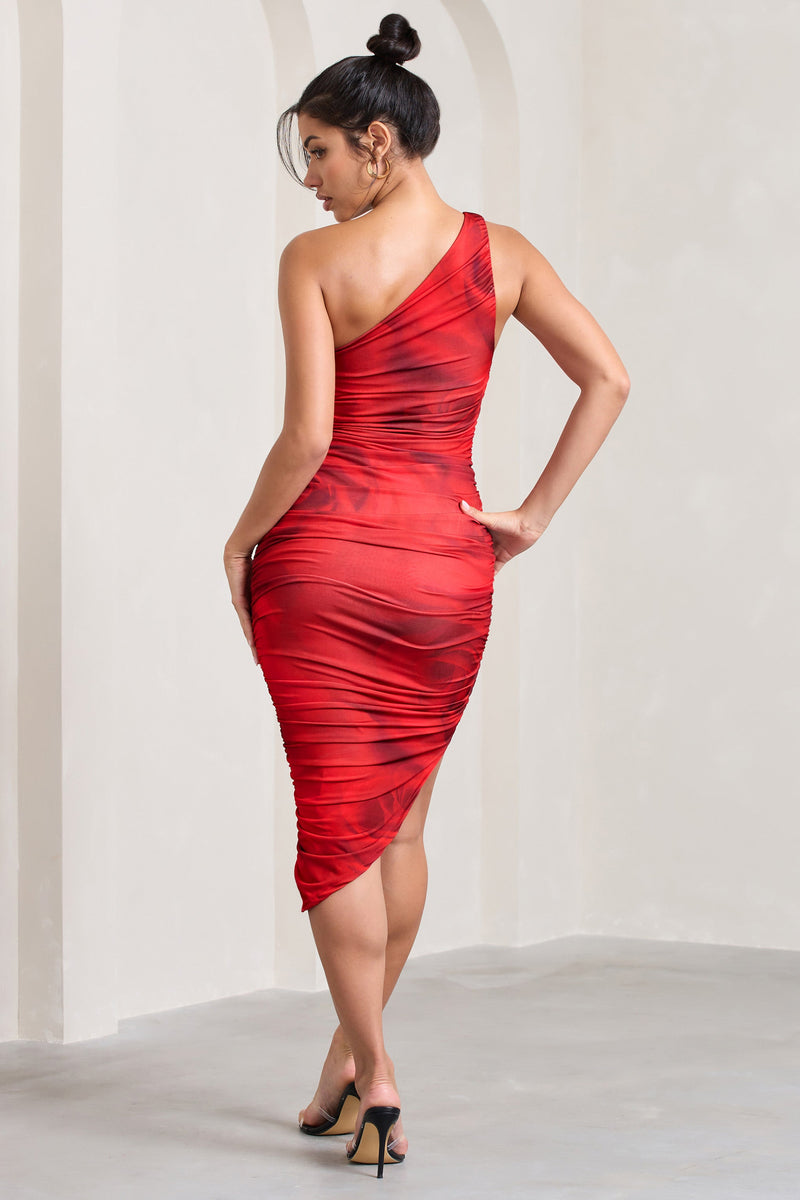 Late Night Red Rose Print Asymmetric One Shoulder Ruched Midi Dress ...
