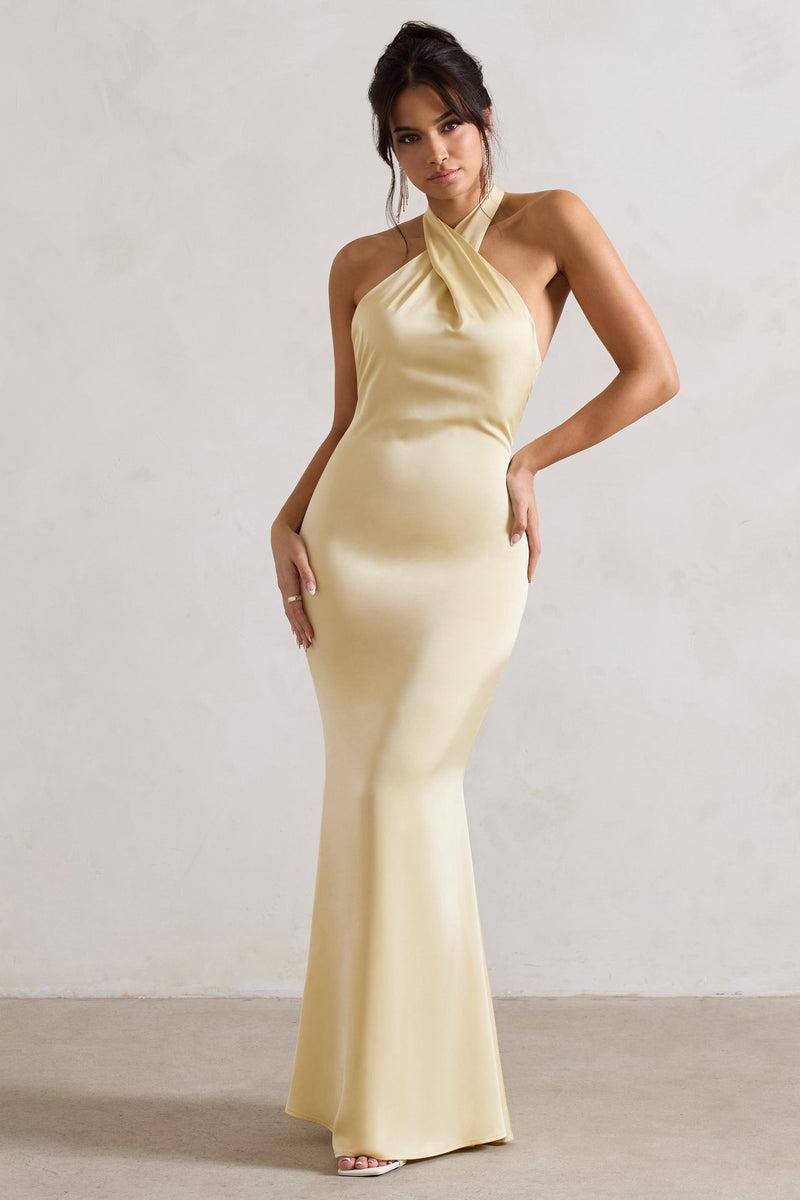 Unbeatable Lemon Satin Cross Over Halter-Neck Maxi Dress – Club L ...