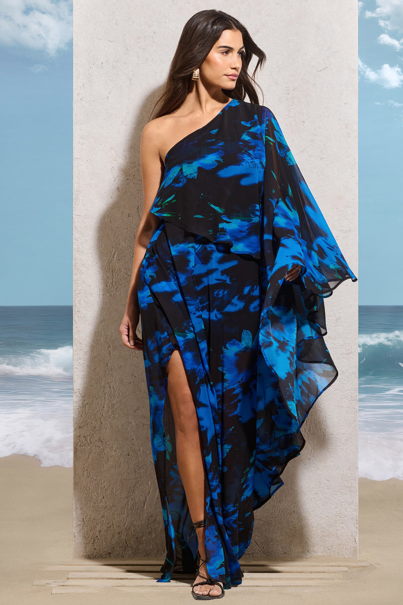 Ripple Navy Floral Print Chiffon Oversized Asymmetric Maxi Dress – Club ...