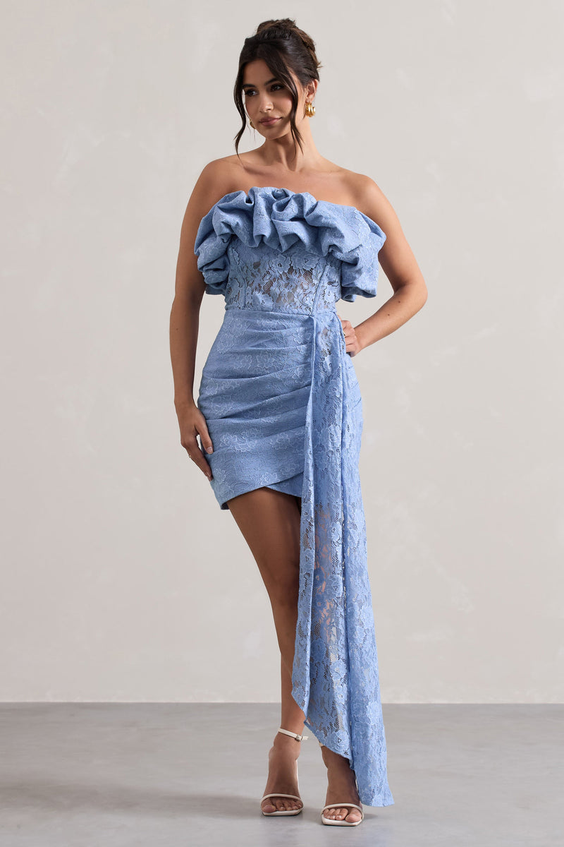 Neptune Blue Lace Strapless Ruffled Mini Dress With Drape – Club L ...