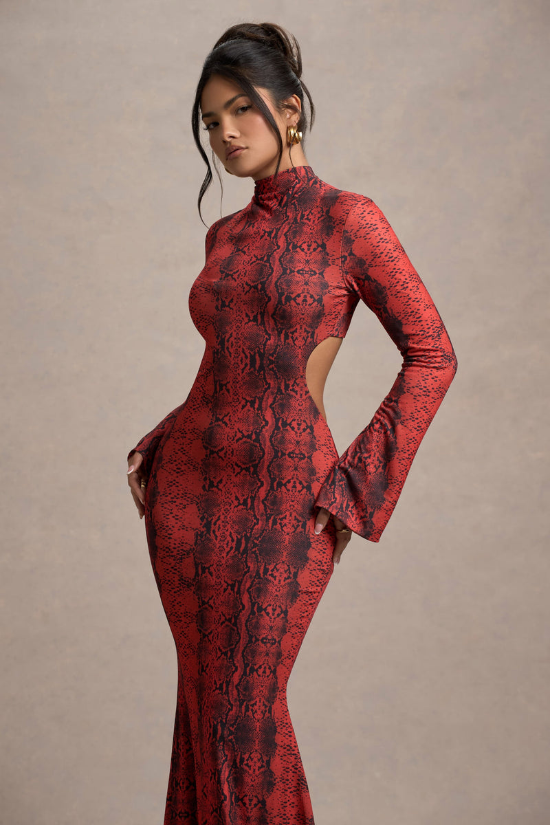 Arabia Red Snake Print High-Neck Cut-Out Maxi Dress – Club L London - IRE