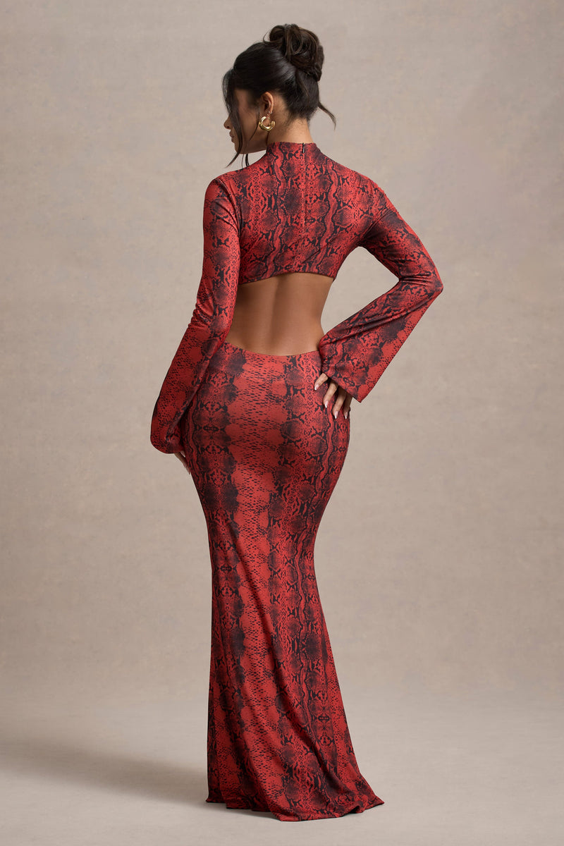 Arabia Red Snake Print High-Neck Cut-Out Maxi Dress – Club L London - IRE