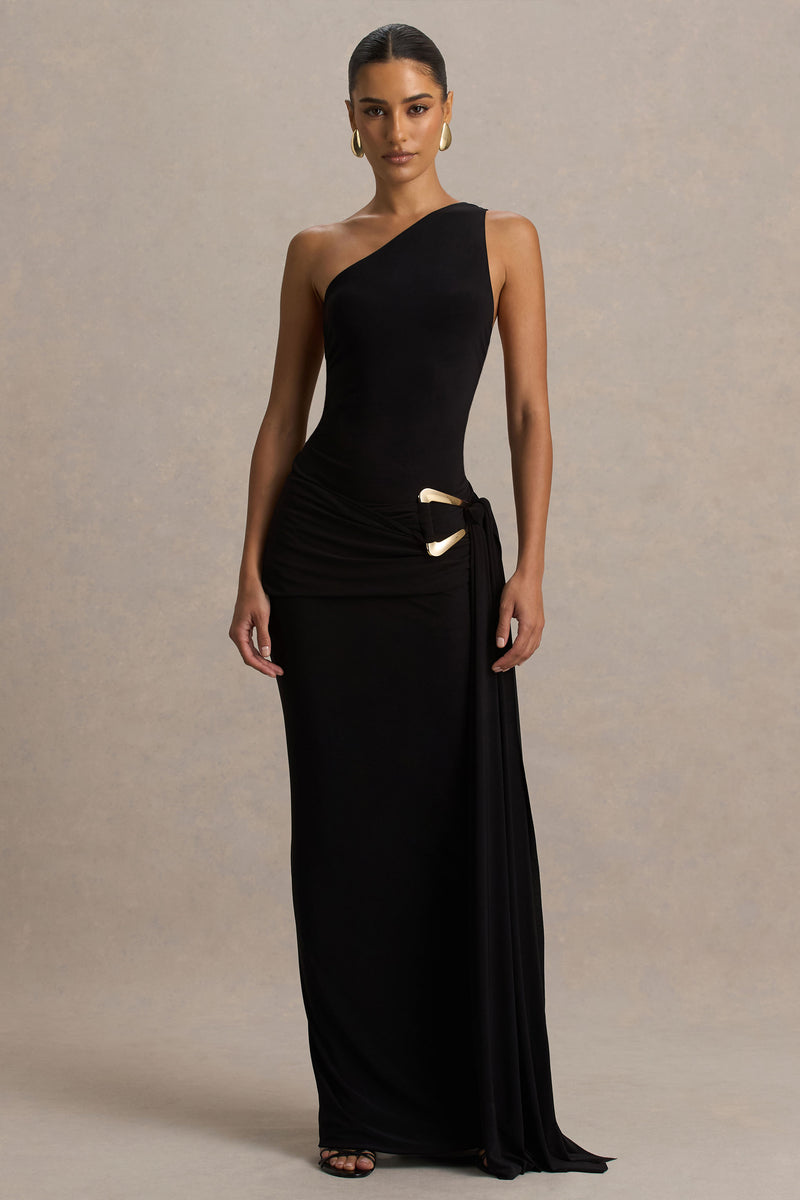 Bonnie Black Asymmetric-Neck Maxi Dress With Open-Back – Club L London ...