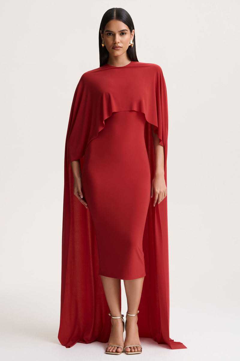 Kalani Red Crew-Neck Midi Dress With Cape-Sleeves – Club L London - IRE